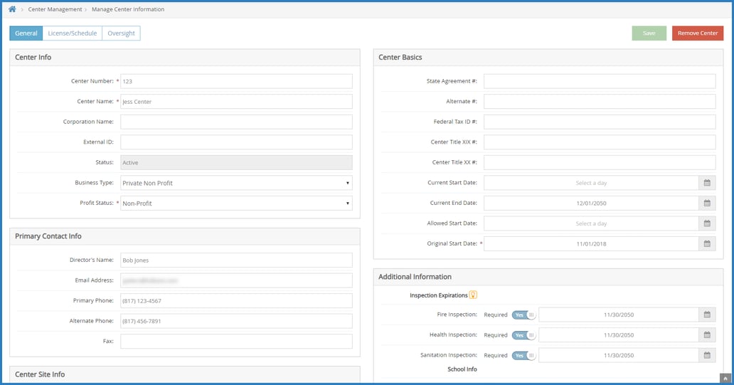 Manage Center Information