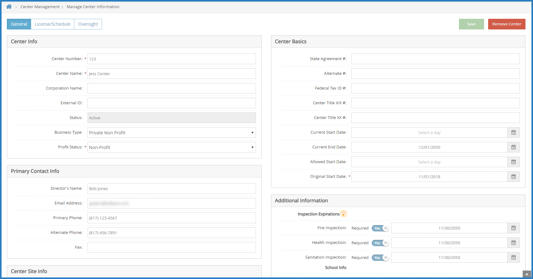 Manage Center Information