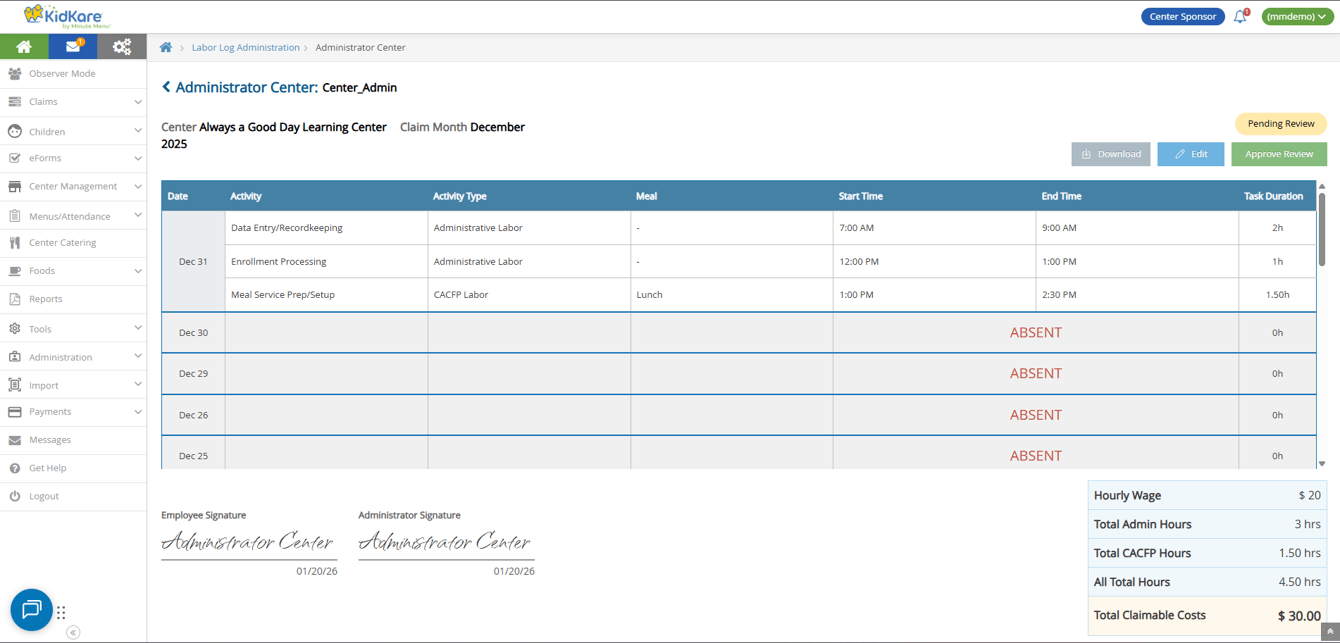Sponsor-Level Center Labor Log Administration