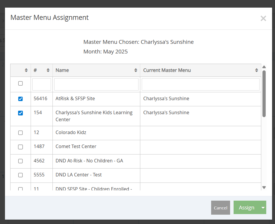 Master Menu Calendar